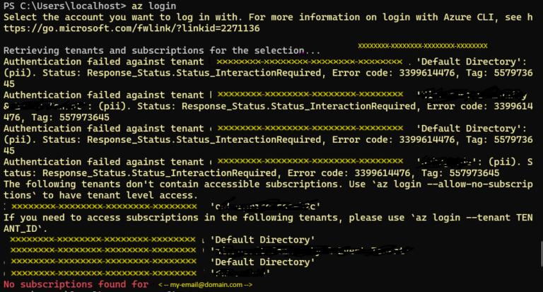 az login error: Authentication failed against tenant * 'Default ...